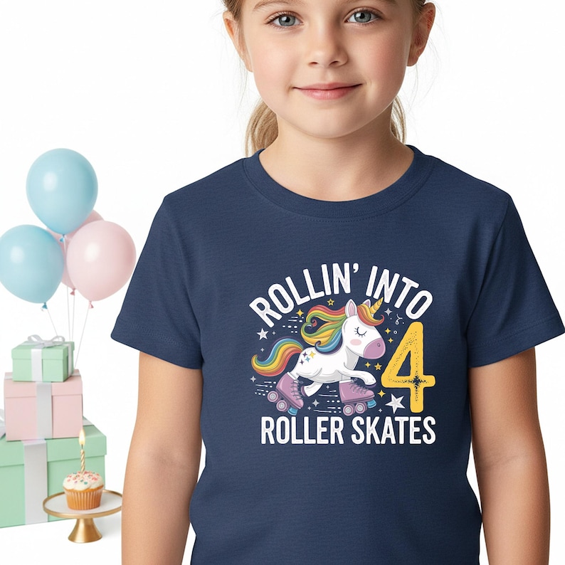 Rollin Into 4 Shirt | Roller Skate Unicorn 4th Birthday Tee | Girl Four ...