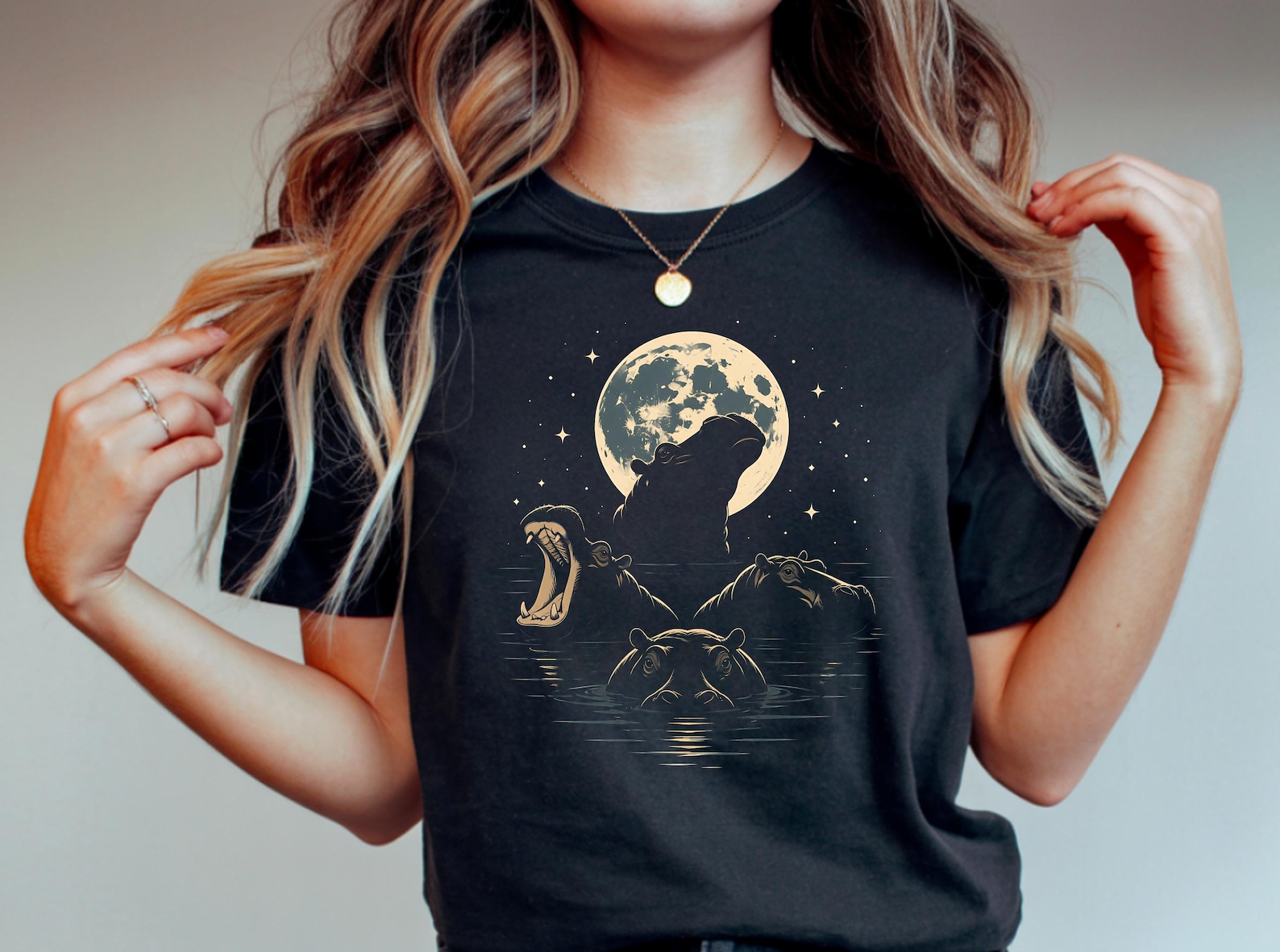 Moonlit Hippos Shirt, Celestial Night Sky Animal Tee, Mystical Wildlife ...