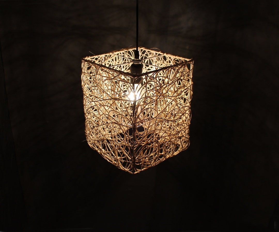 Rattan Cuboid Shaped Pendant Light Decor Lighting Fixture Shade's ...