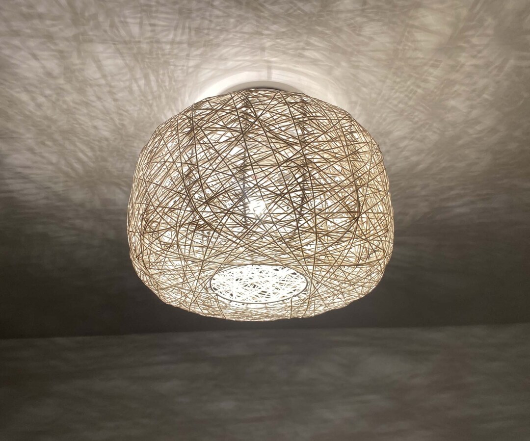 Handwoven From White Paper Rope Flush Mount Room Ceiling Lighting White ...