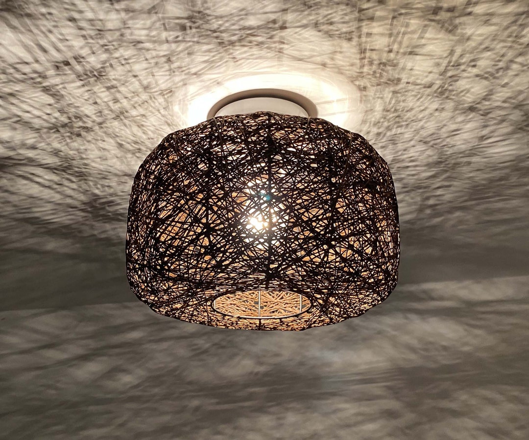 Handwoven Paper Rope Flush Mount Ceiling Light, Brown Spherical Shade ...