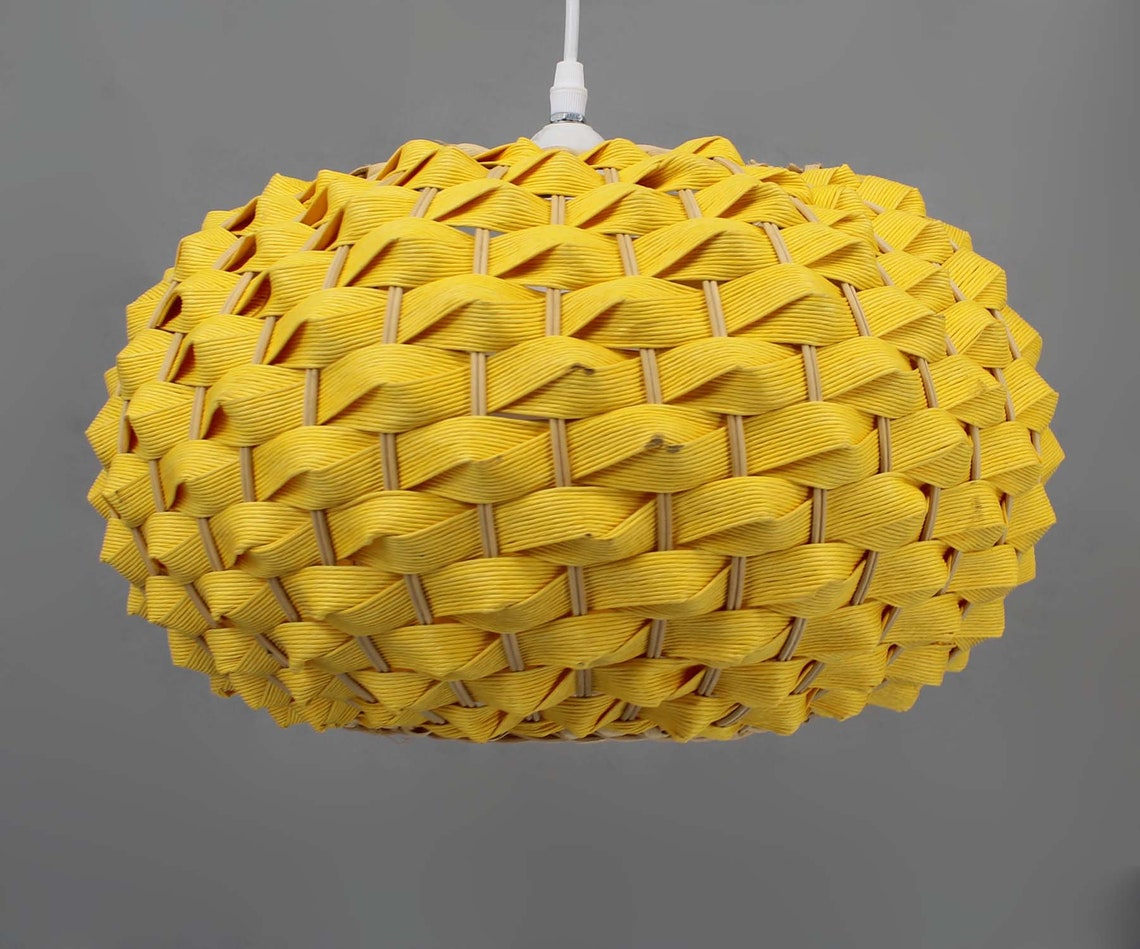 Yellow Paper Rope Pendant Light: Round Woven Lampshade - Etsy