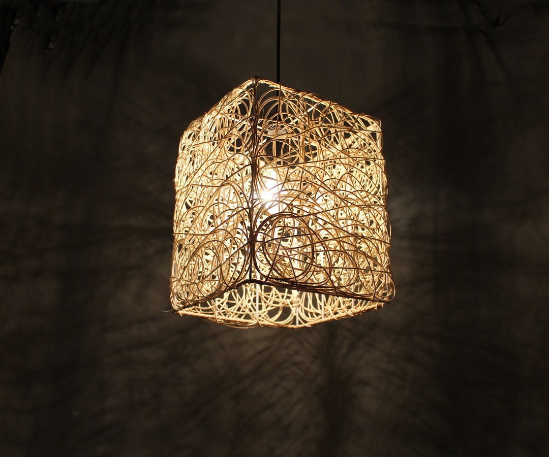 Rattan Cuboid Shaped Pendant Light, Decor Lighting Fixture, Lampshade's ...