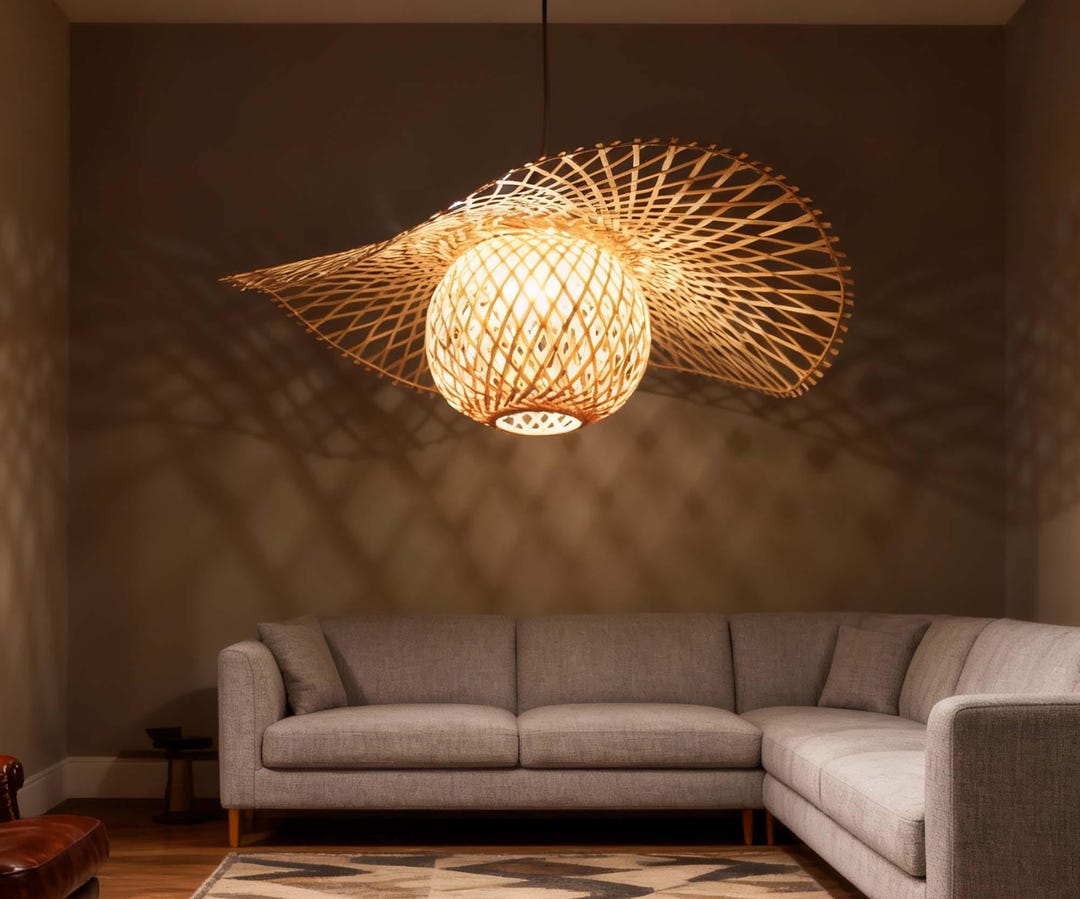 Wave Bamboo Pendant Light: Sphere Lampshade, Natural Woven Design - Etsy