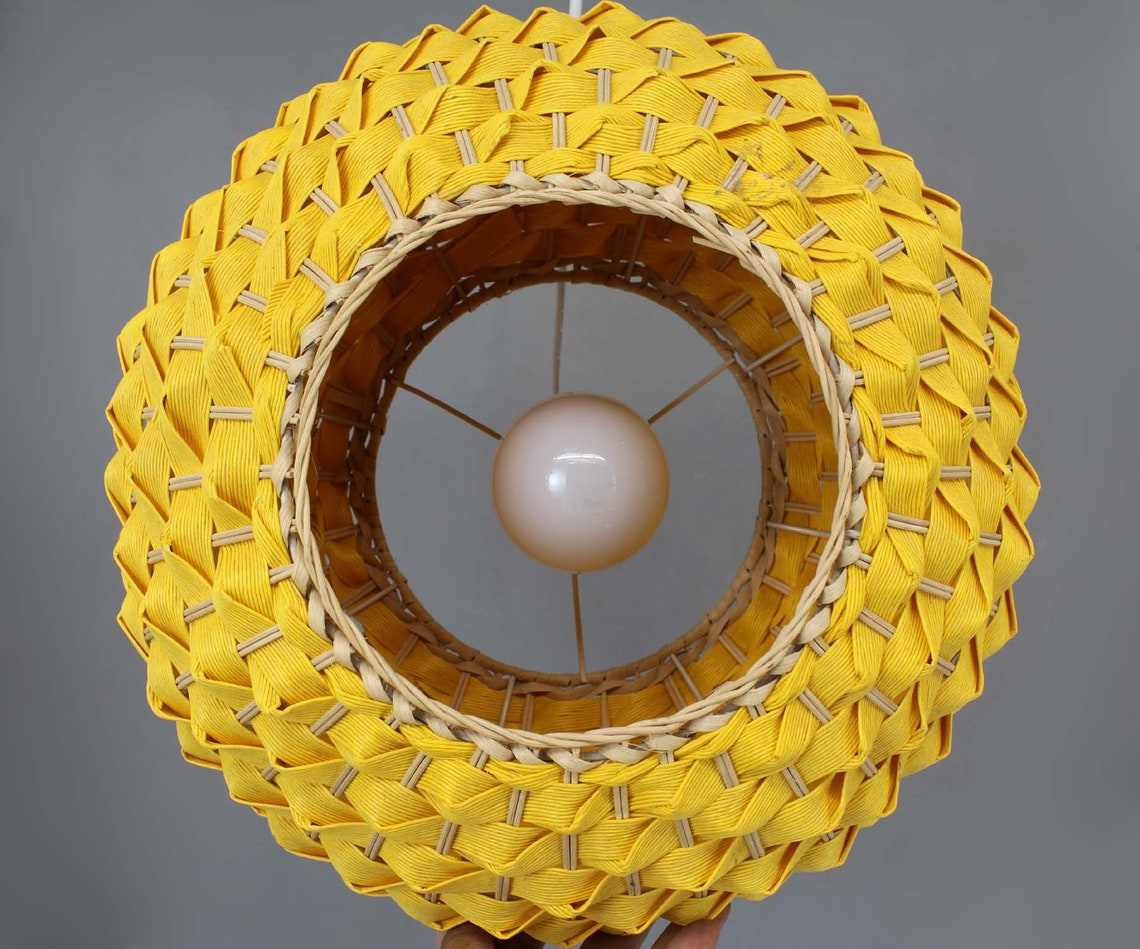 Yellow Paper Rope Pendant Light: Round Woven Lampshade - Etsy