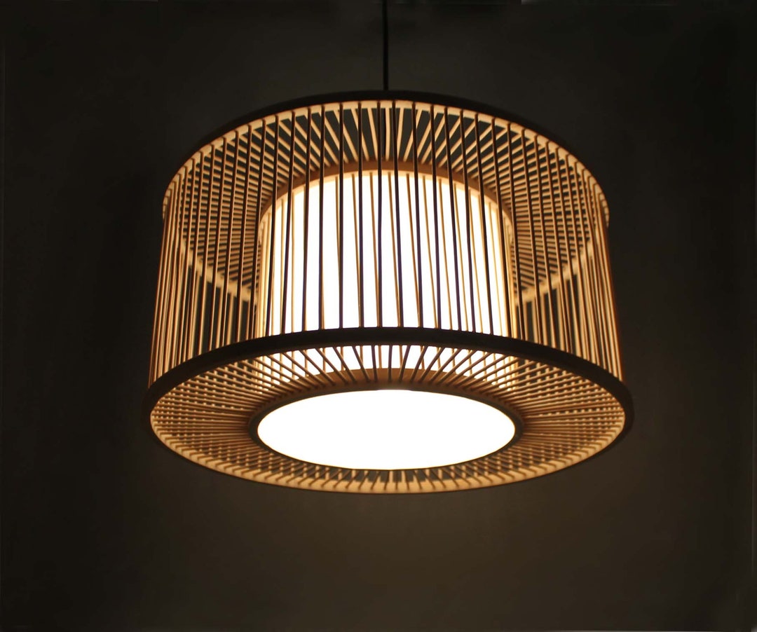 Handmade Cylindrical Bamboo Sticks Pendant Light - Natural Bamboo and ...