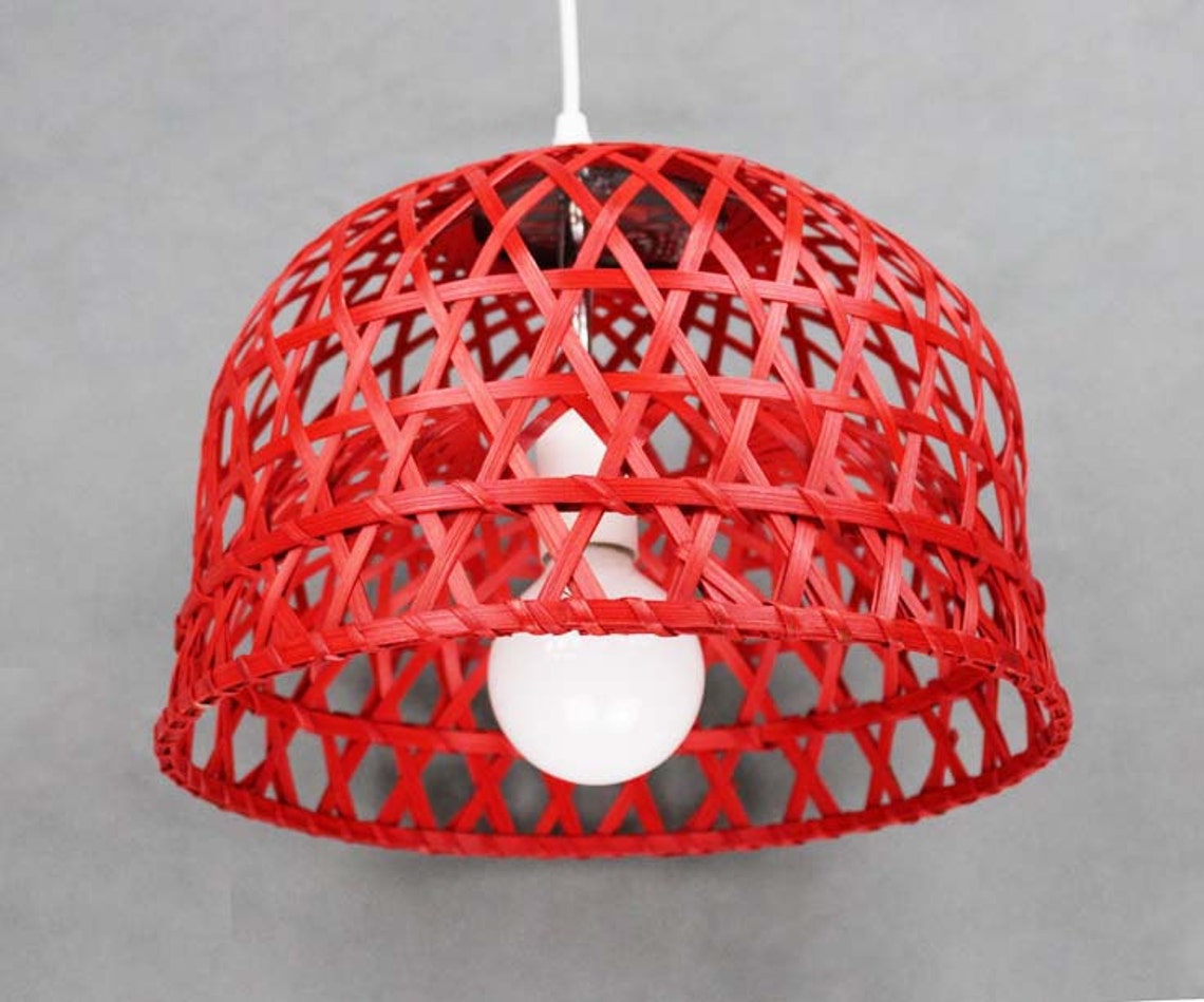 Red Hand Woven Bamboo Hat Shape Pendant Lighting One E27 | Etsy
