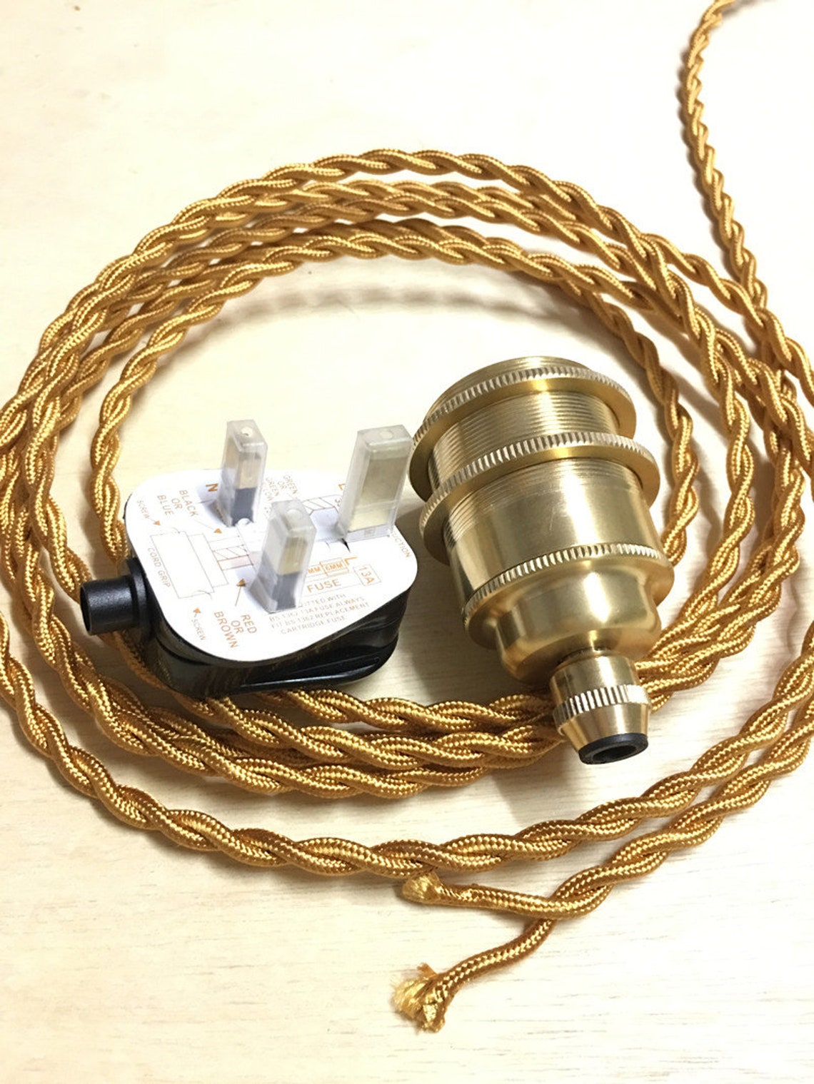 Fabric Flex Cable Plug in Pendant Brass Lamp Holder Set E27 & - Etsy