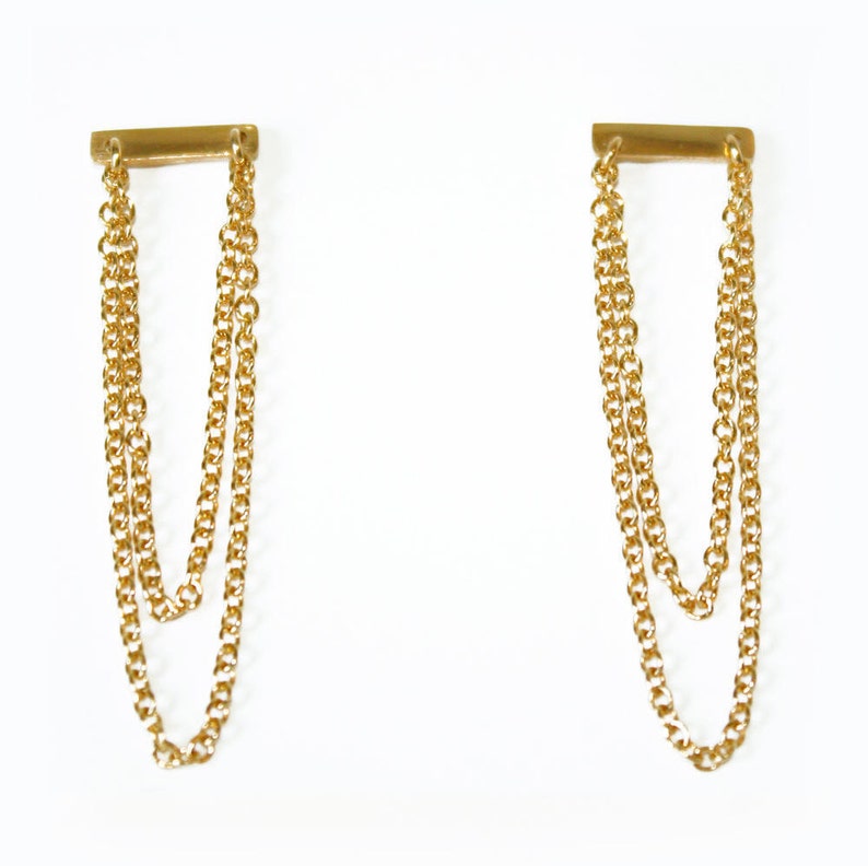 Gold Bar Studs and Chain Studs / Hammered Bar W/ Double Chains - Etsy