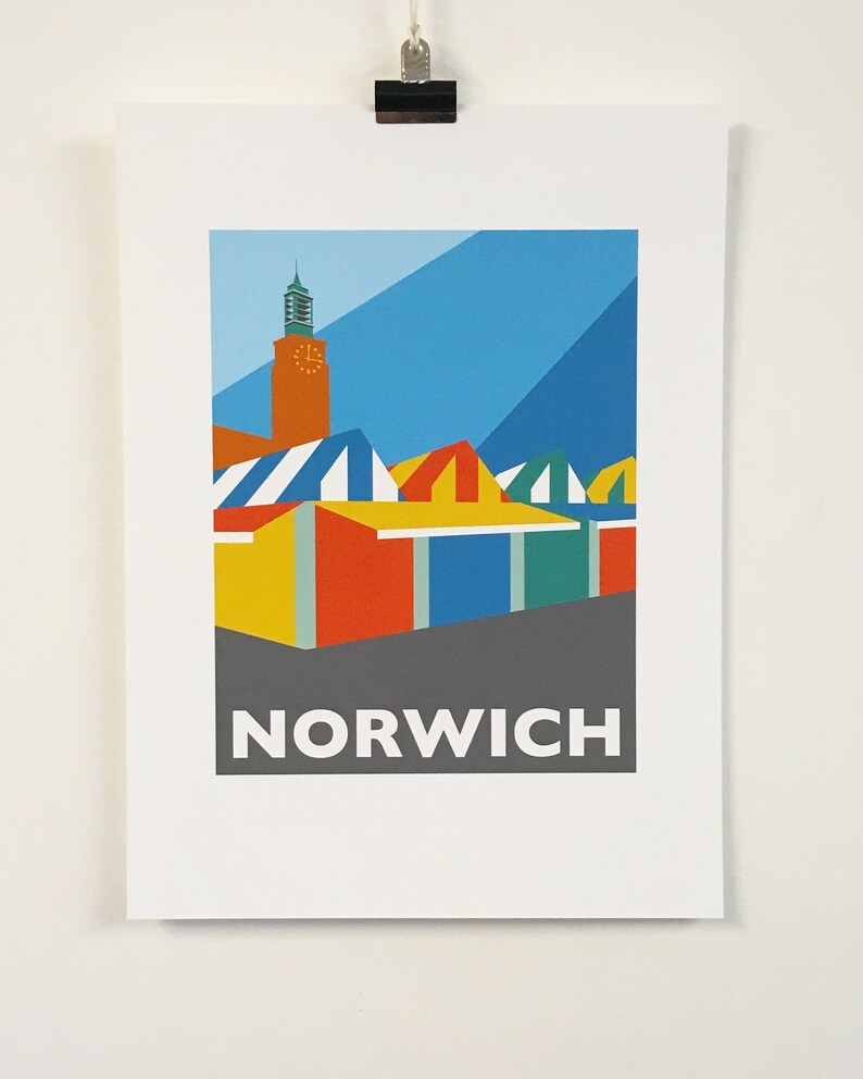 NORWICH Travel Poster - NORWICH MARKET - Art Deco Print - Illustration ...