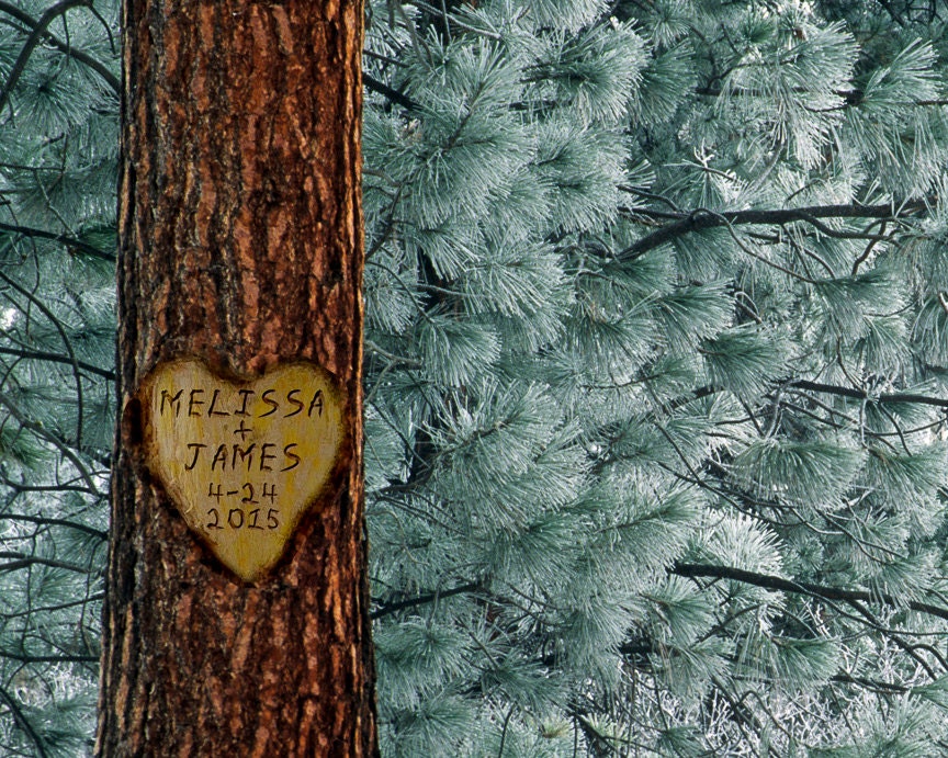 Personalized Wedding Gift Tree Carved Heart Names Pine Winter - Etsy