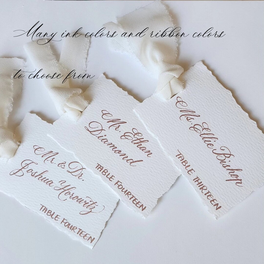 Place Cards Deckled Edge W/ Chiffon Ribbon Handwritten Classic Script ...