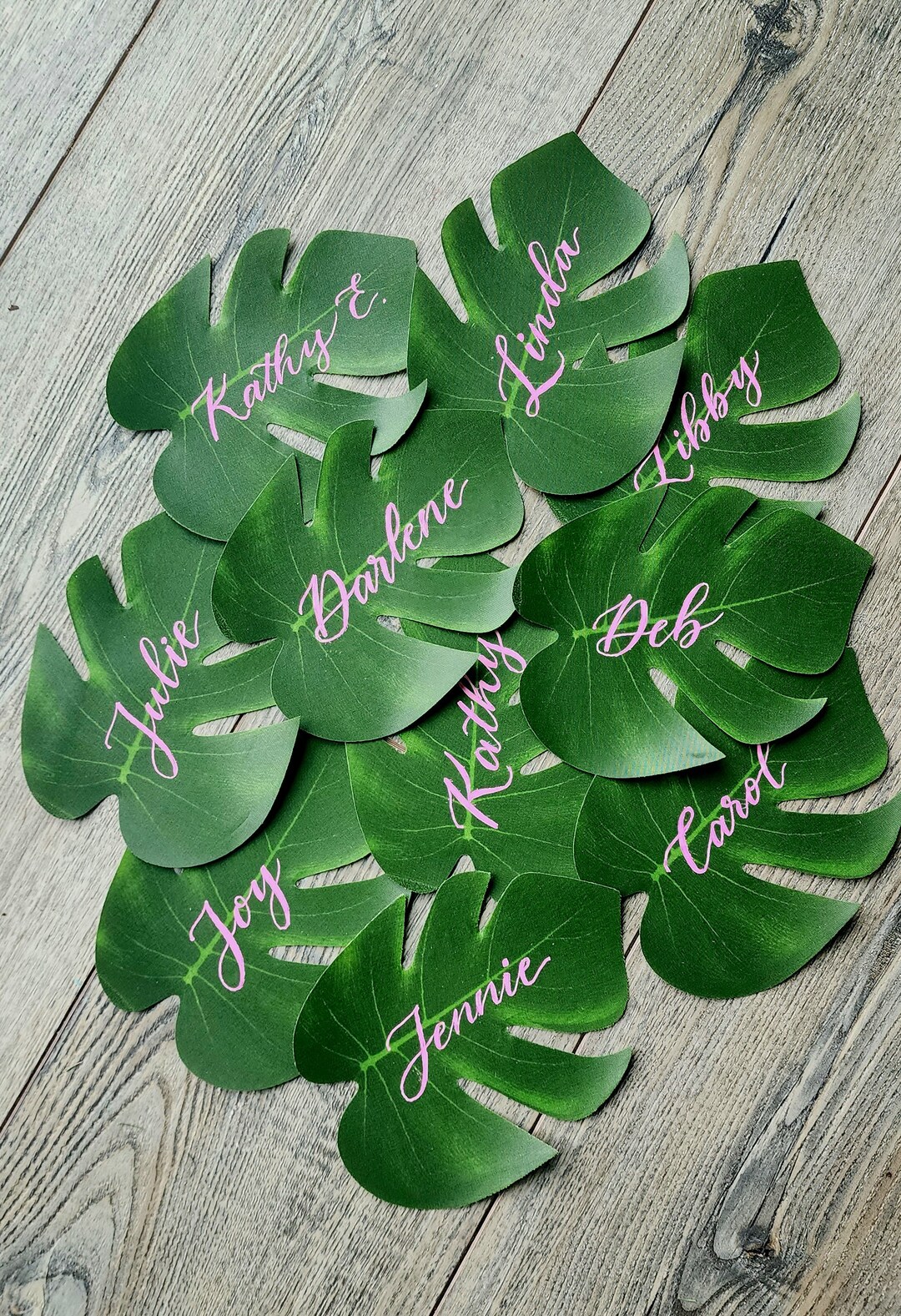 Bright Pink Palm Leaf Place Card Handwritten Calligraphy Escort Name ...