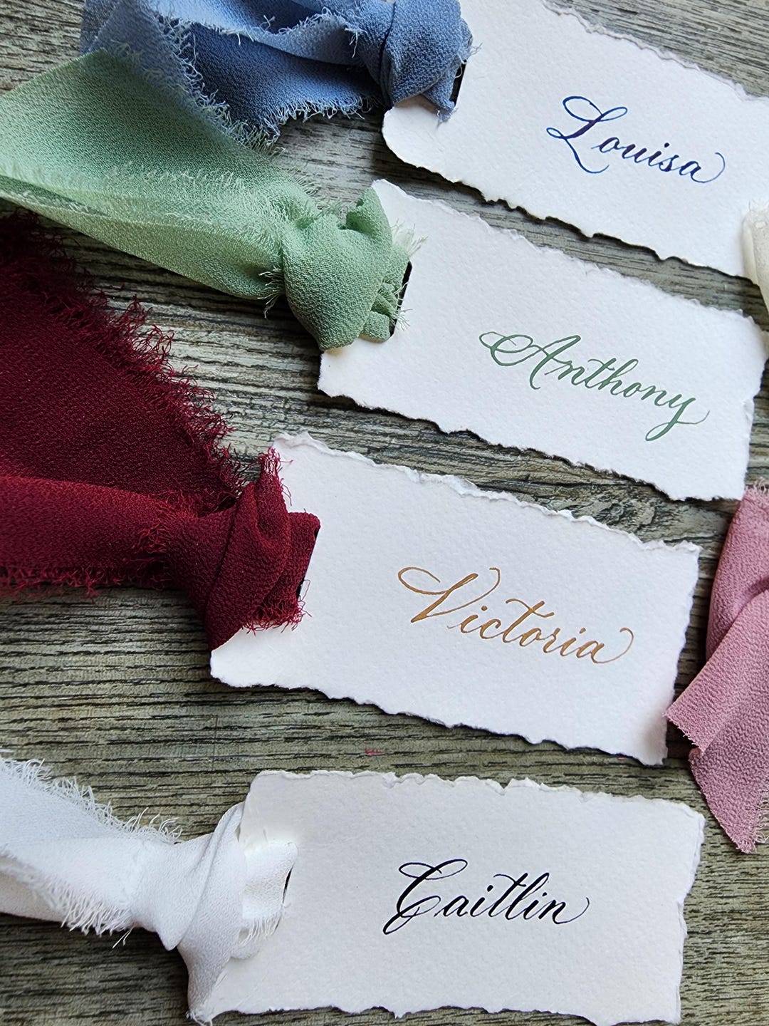 Place Cards Chiffon Ribbon Handmade Deckled Edge Paper Handwritten ...