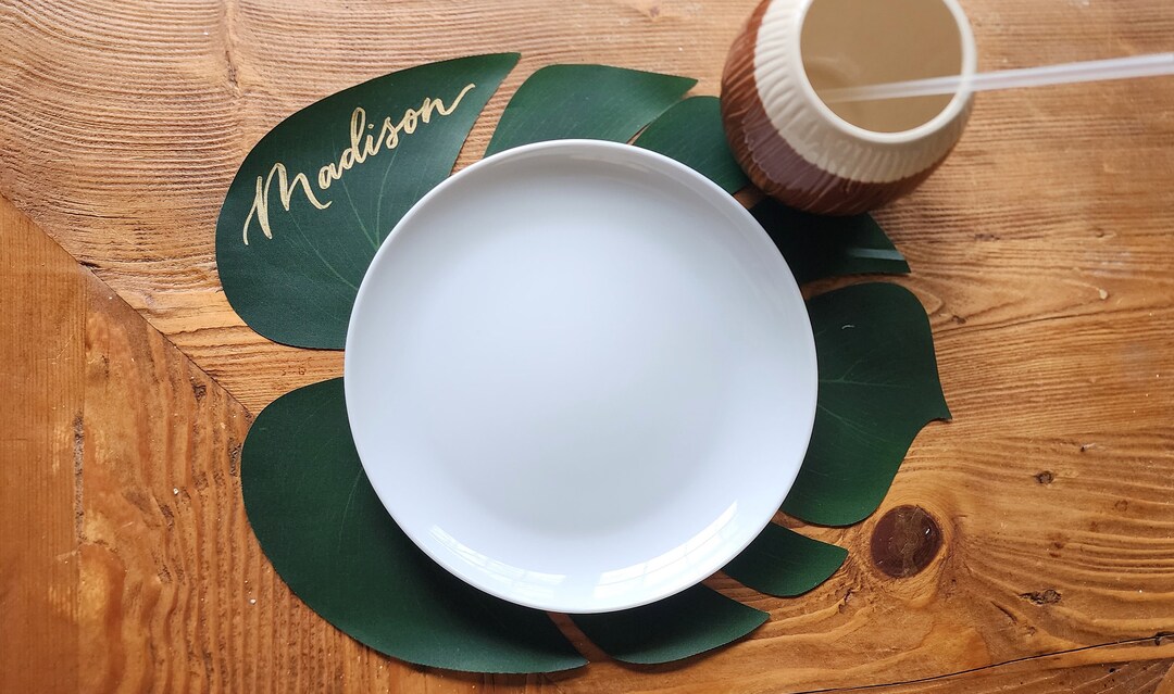 Tropical Palm Leaf PLACEMATS Personalized Handwritten Names Luau Wedding Party 4 Lettering ...