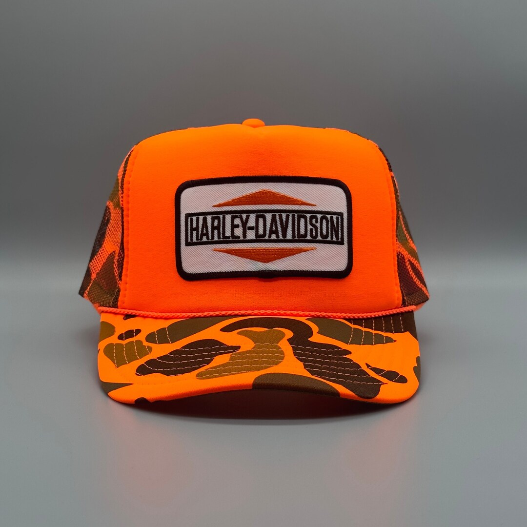 Harley Davidson Hat Vintage Retro Neon Orange Camo / Camouflage Mesh ...