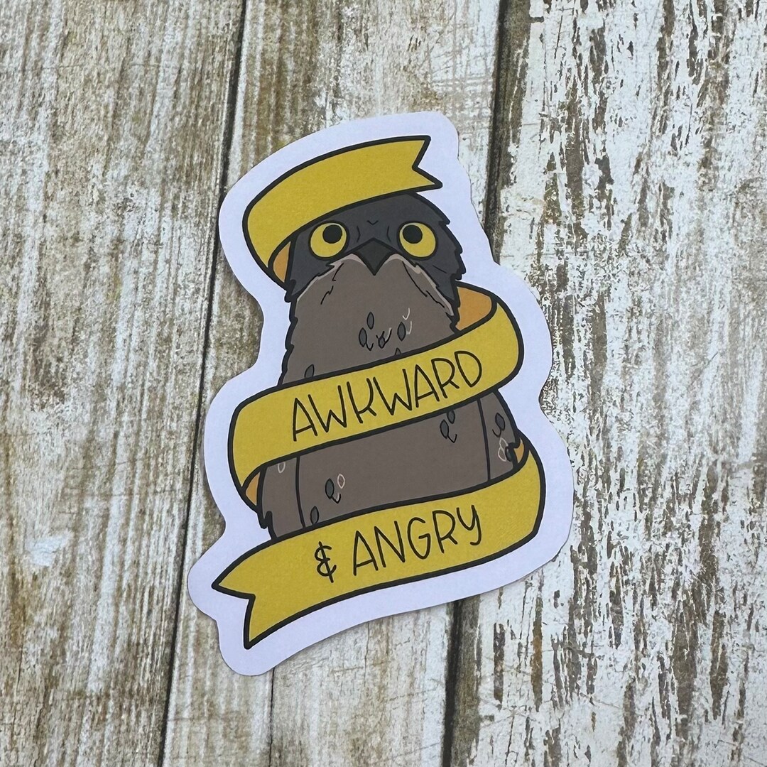 Awkward and Angry Potoo Bird Ribbon Matte Die Cut Sticker, Yellow and ...