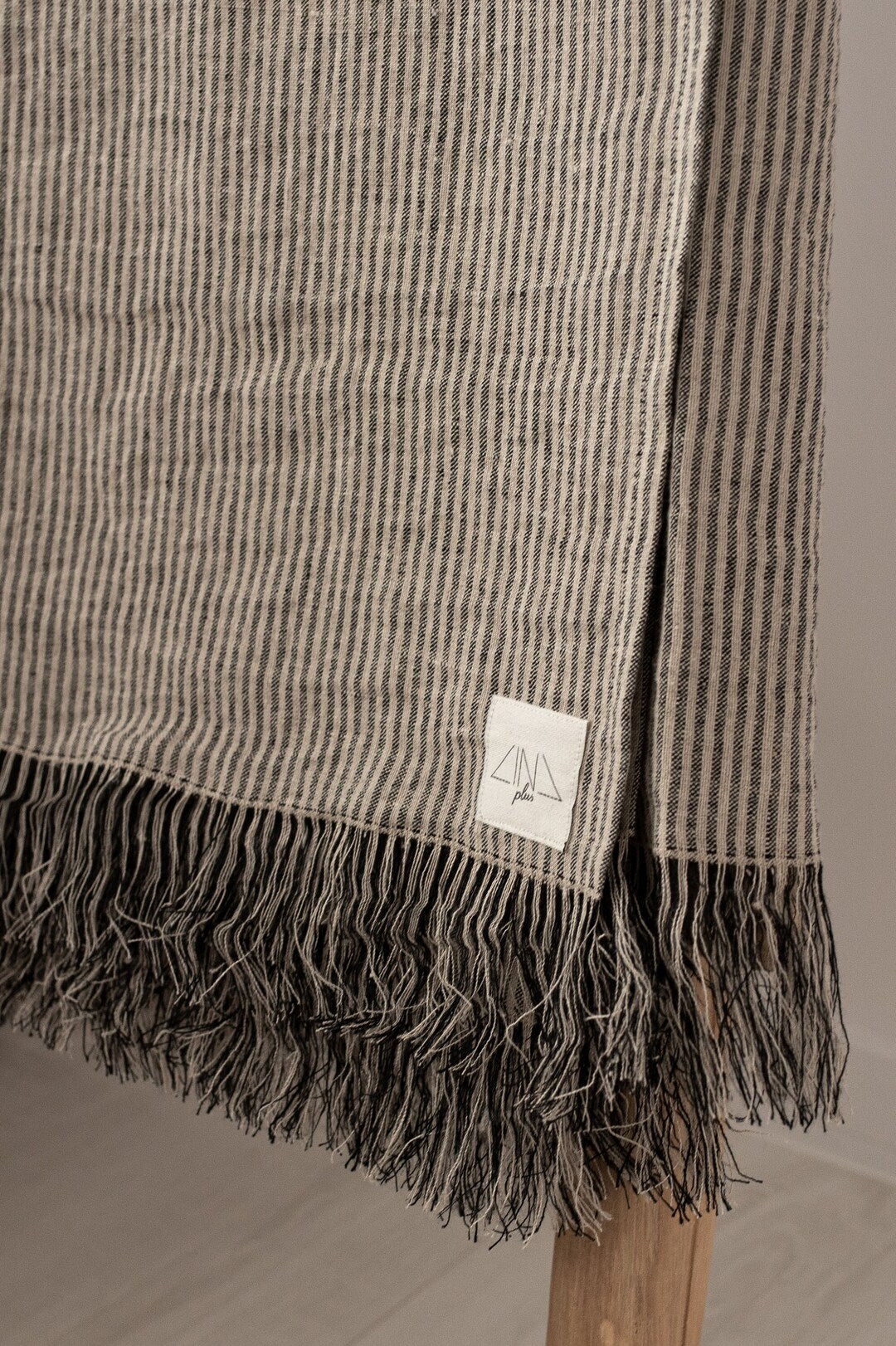 Striped Linen Throw With Fringes Natural Black Ticking Stripes Pre ...