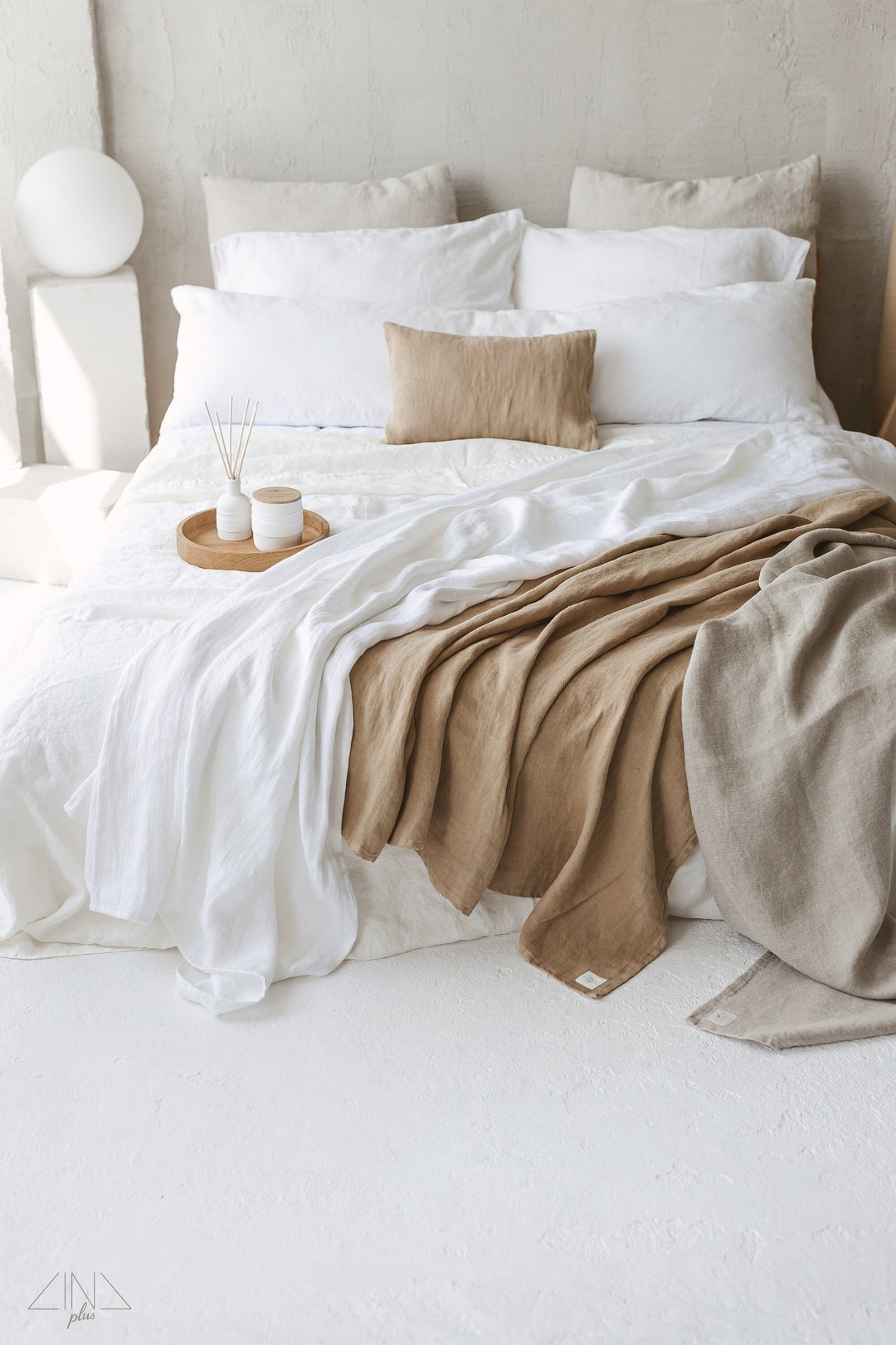 Linen Twill Throw SIMPLIN | Straw Color, White, Natural Flax, Striped ...