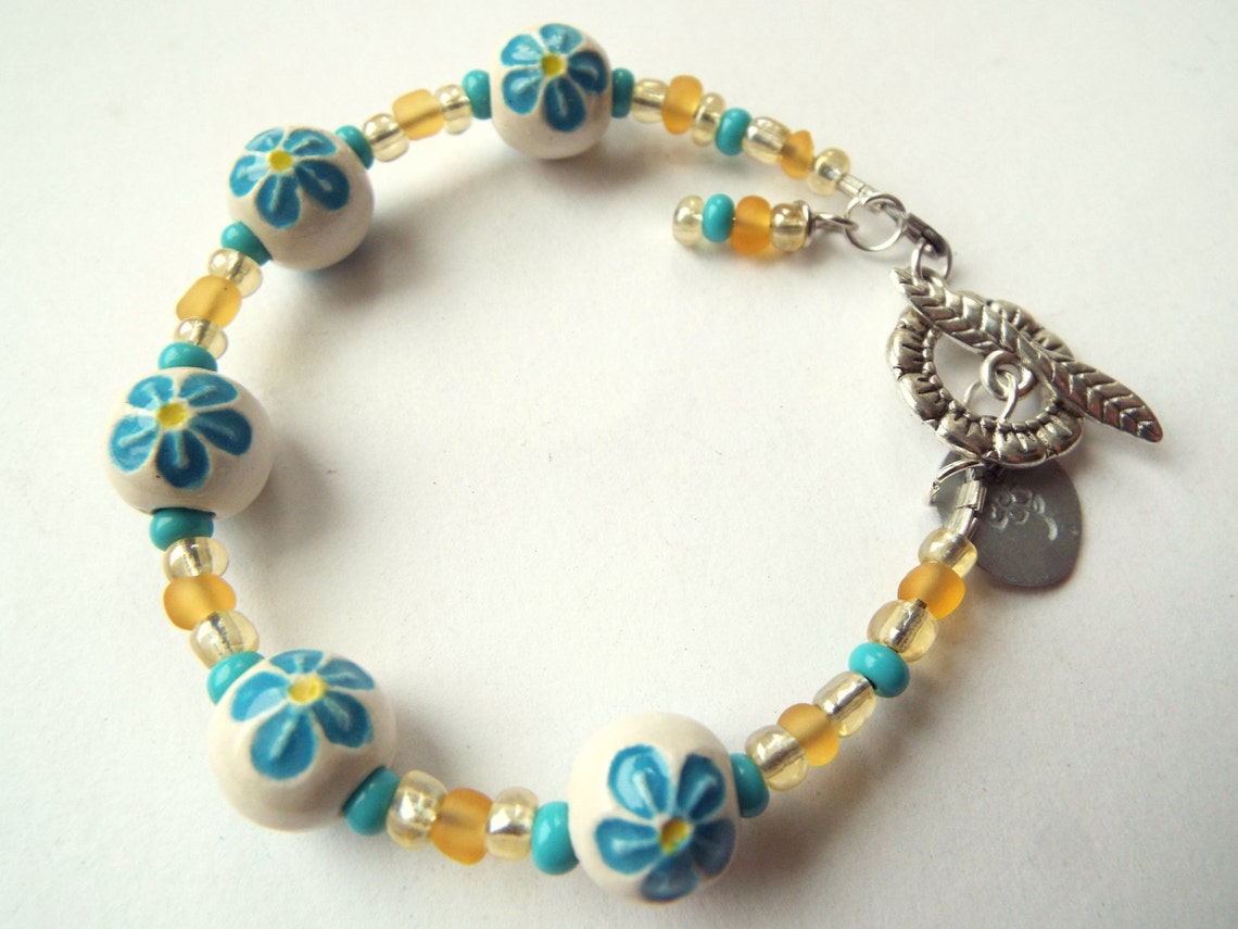Light Blue, Yellow and White Ceramic Bracelet , Summer Bracelet. Floral ...