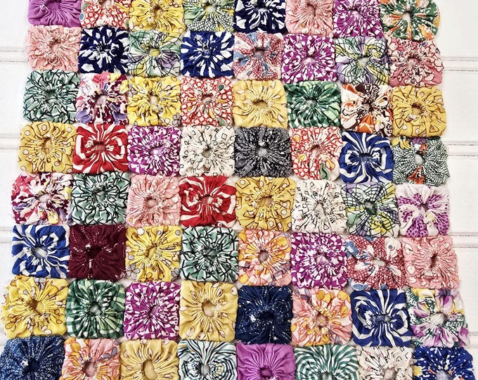 Vintage Yoyo Quilt Block 9" X 9", Fabric Feedsack Flower Sack Yoyos ...