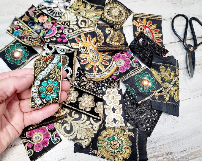 25 BLACK Sari Scraps/boho Scrap/saree Snippets Pack-beaded Fabric-boho ...