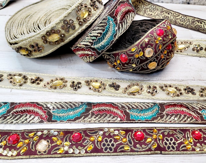 3 Yards BEIGE/BURGUNDY Beaded Trim/ Vintage Sari Trim/boho Embroidered ...