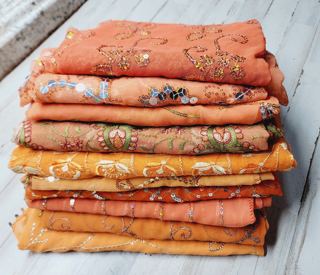 ORANGE Sari-choose Your Sari Scarf (un-cut) Vintage Dupatta Scarf/ Boho ...