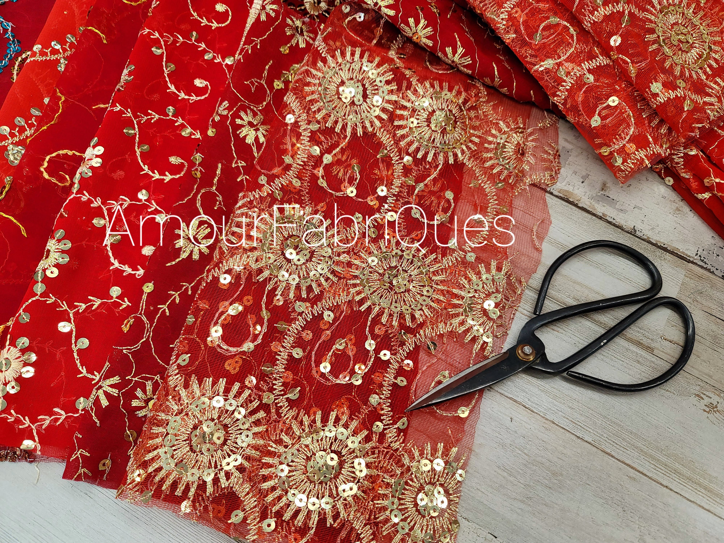 Red Sari Fabric Scraps: Vintage Beaded & Embroidered Silk Blends (10.5 ...