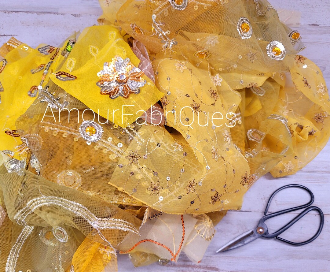 Yellow Beaded Sari Scraps: Vintage Indian Fabric Pieces - Etsy