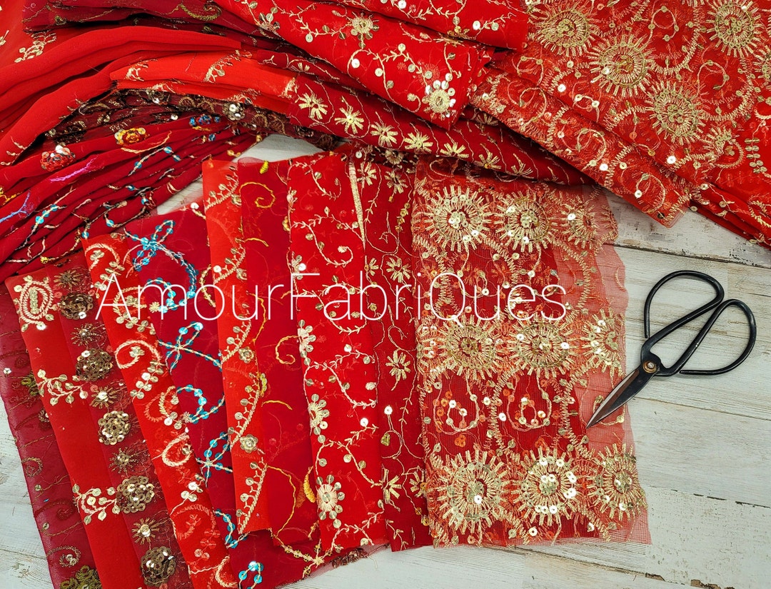 Red Sari Fabric Scraps: Vintage Beaded & Embroidered Silk Blends (10.5 ...
