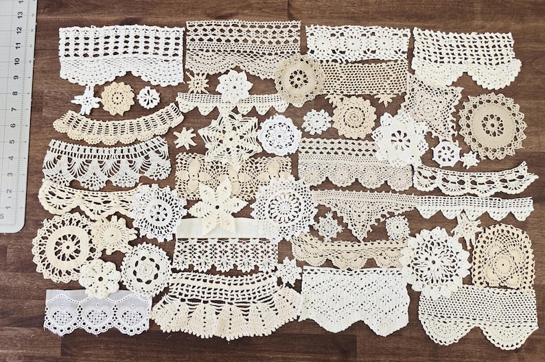 25 Vintage Crochet & Textured Lace Trims, Doilies Grab Bag Lot, Rescued ...
