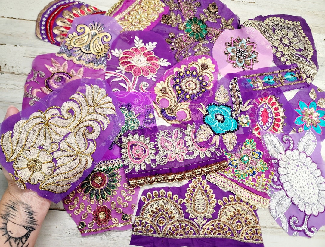 Purple Beaded Sari Fabric Swatches: 25 Embroidered Indian Scraps - Etsy