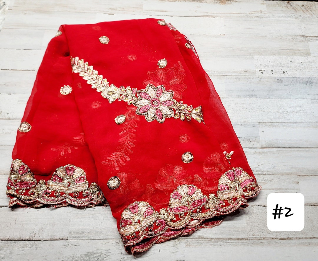Vintage RED Beaded Sari Wrap/sari Scarf/beaded Sari Scarf/boho Sari ...