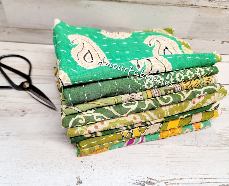 Green Kantha Fabric Scraps: Hand-stitched Cotton Quilt Pieces - Etsy UK
