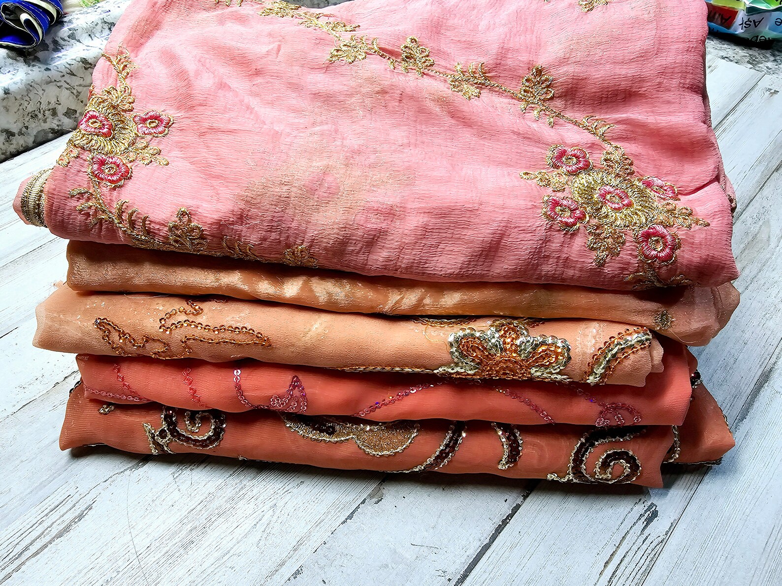 Vintage un-cut PEACHY / PINK Sari-choose Your Saree Scarf/dupatta Scarf ...