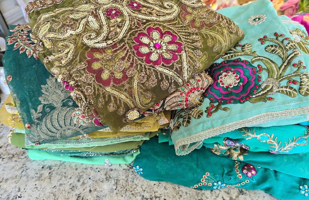 Vintage (un-cut) GREEN Saree/ Sari-choose Your Sari Scarf/dupatta Scarf ...