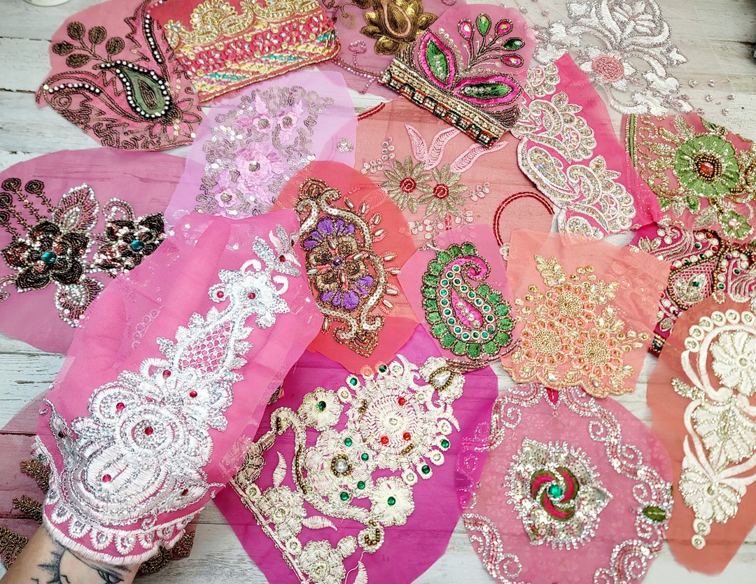 25 Pack PINK Beaded Sari Swatches: Vintage Silk Appliques - Etsy