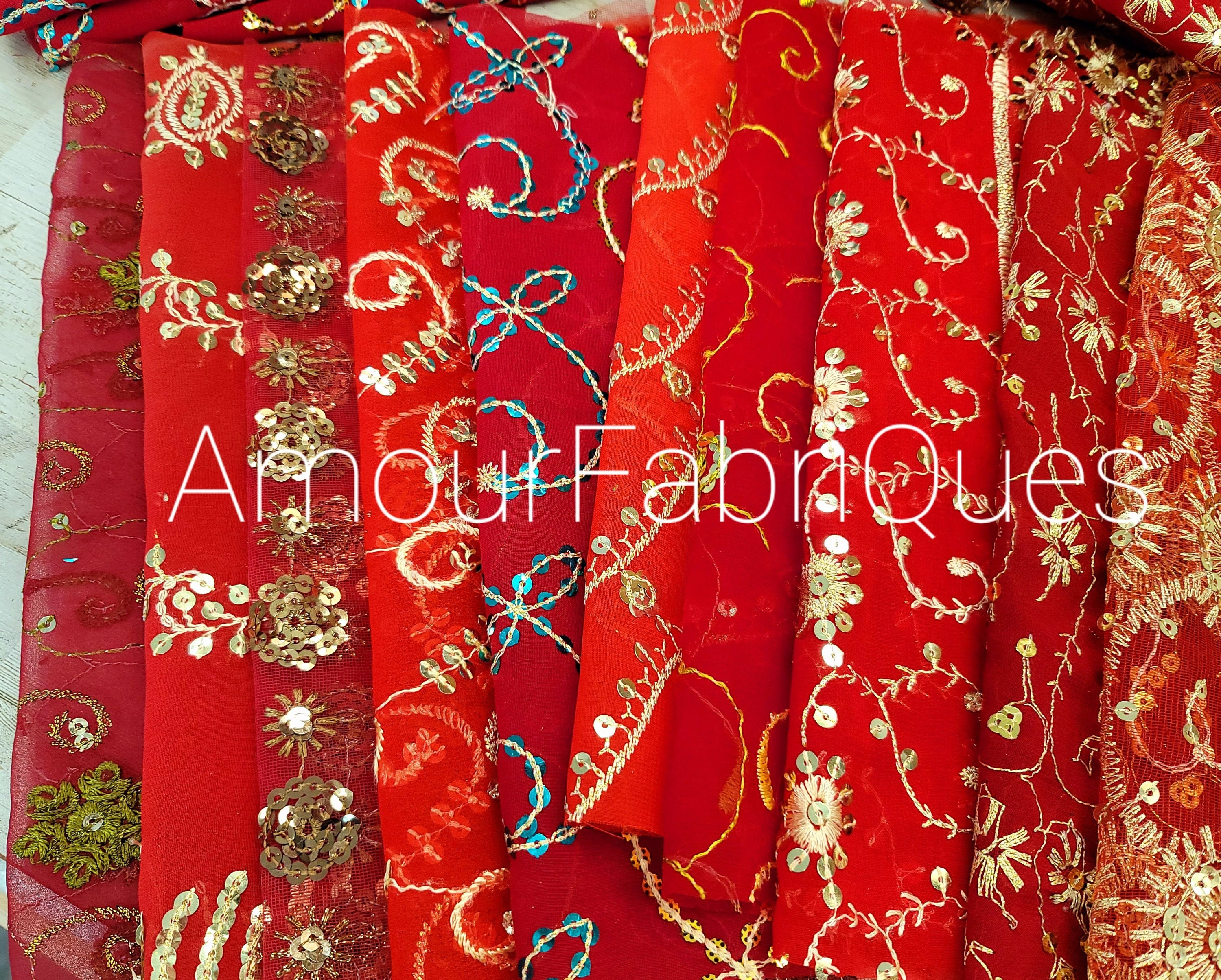 Red Sari Fabric Scraps: Vintage Beaded & Embroidered Silk Blends (10.5 ...