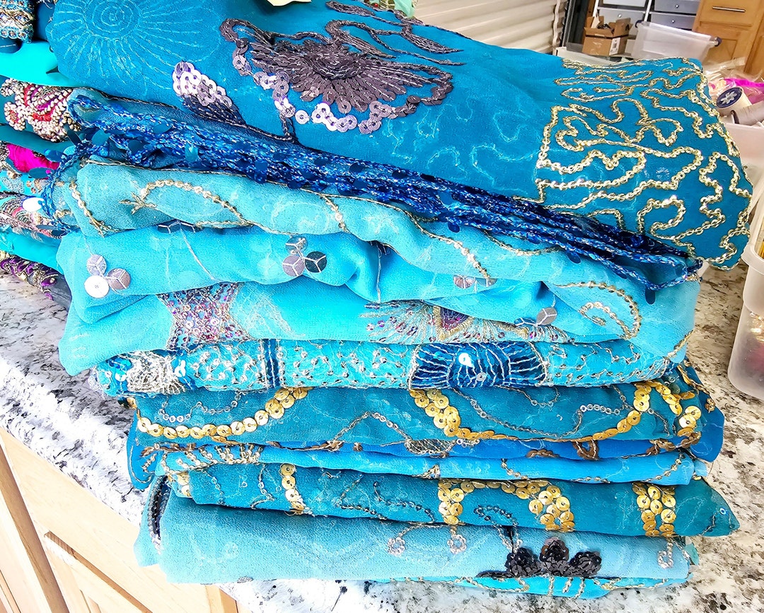 Vintage un-cut BLUE Saree / Sari-choose Your Sari Scarf/dupatta Scarf ...