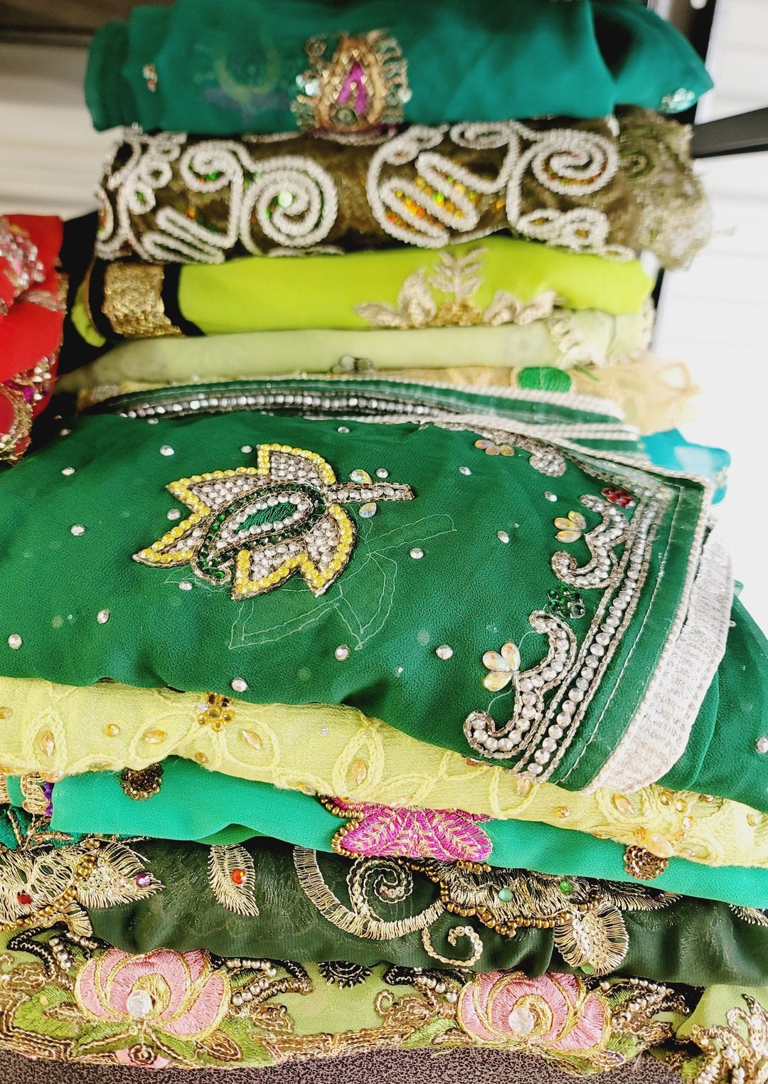 Vintage (un-cut) GREEN Sari-choose Your Sari Scarf/dupatta Scarf/ Boho ...