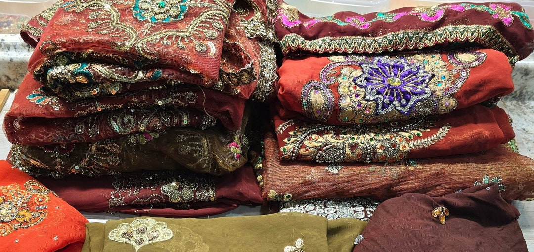 Vintage un-cut BROWN Sari-choose Your Saree Scarf/dupatta Scarf/ Boho ...