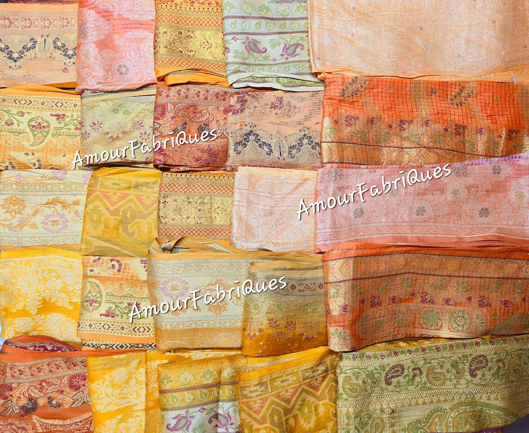 Sari SILK Scraps, Orange Zari,recycled Saree Woven 100% Silk Brocade ...