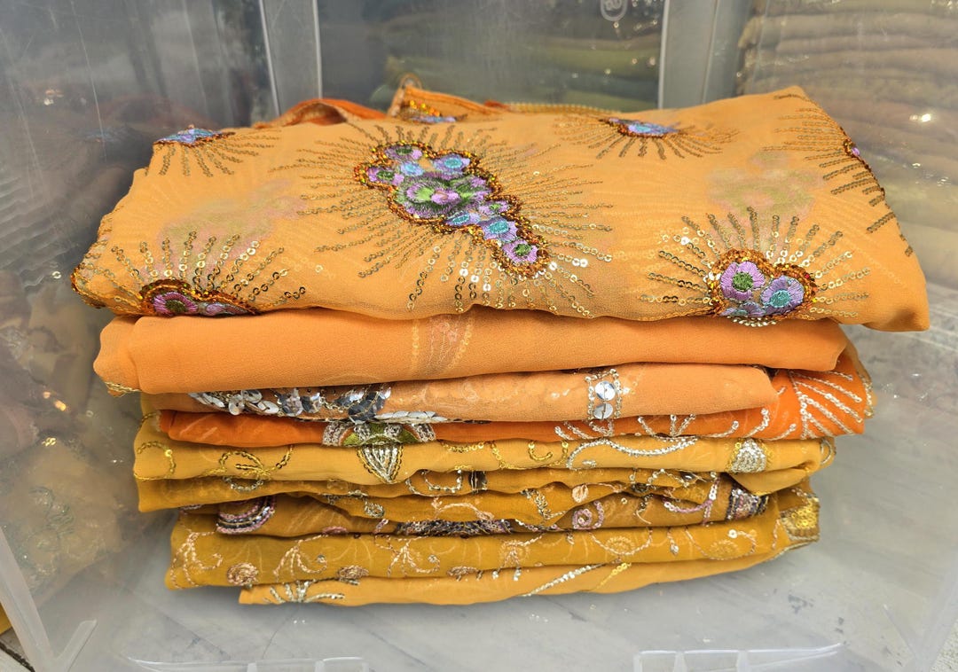 Sari Scarf (un-cut) ORANGE Saree, Vintage Boho Scarf, India Sequenced ...