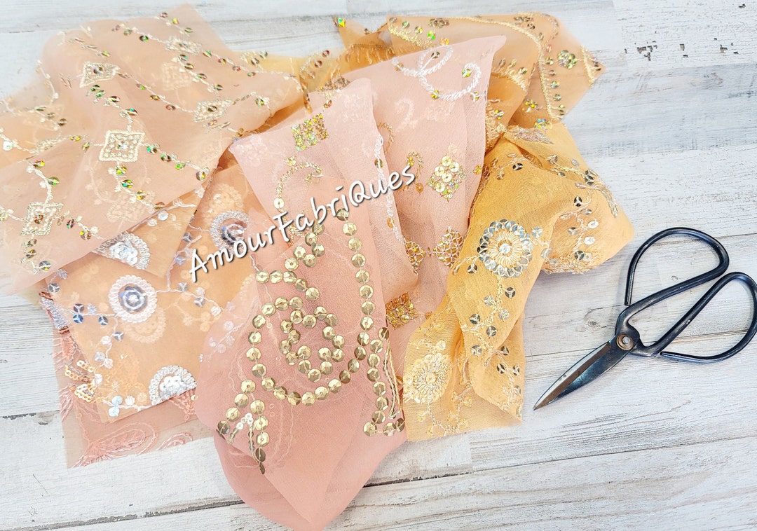 Beaded Sari Scraps: Peach Vintage Fabric for Junk Journals - Etsy