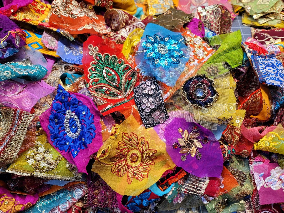 25 + Boho Sari Fabric Scraps: Beaded Lace Trims, Embellishment Pack - Etsy
