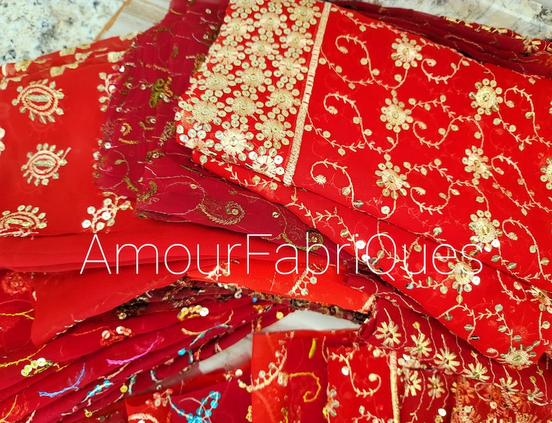 Red Sari Fabric Scraps: Vintage Beaded & Embroidered Silk Blends (10.5 ...