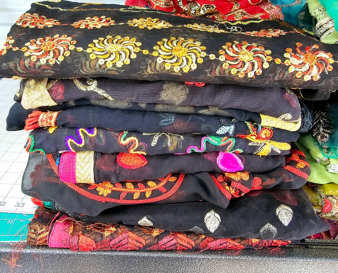 Vintage (un-cut) BLACK Sari-choose Your Sari Scarf/dupatta Scarf/ Boho ...