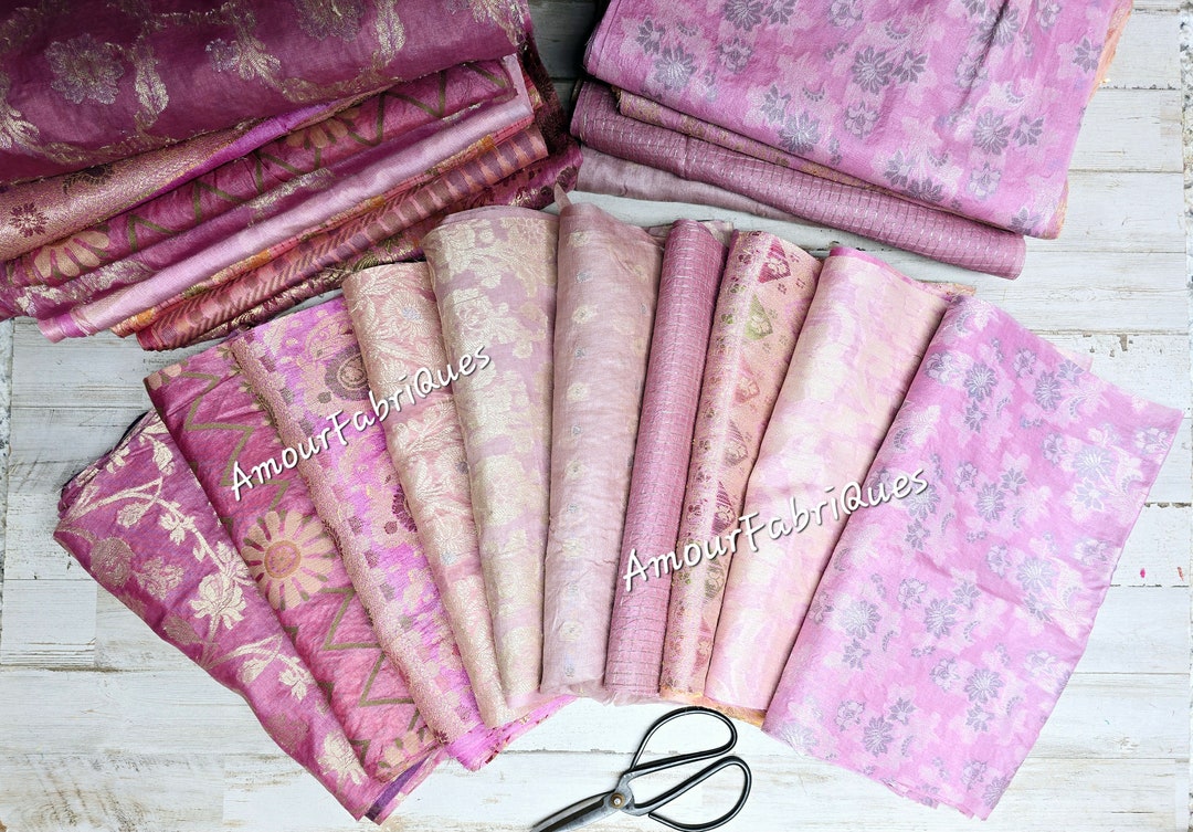Pink Sari Silk Fabric Bundle: 10 Woven Brocade Pieces With Zari - Etsy