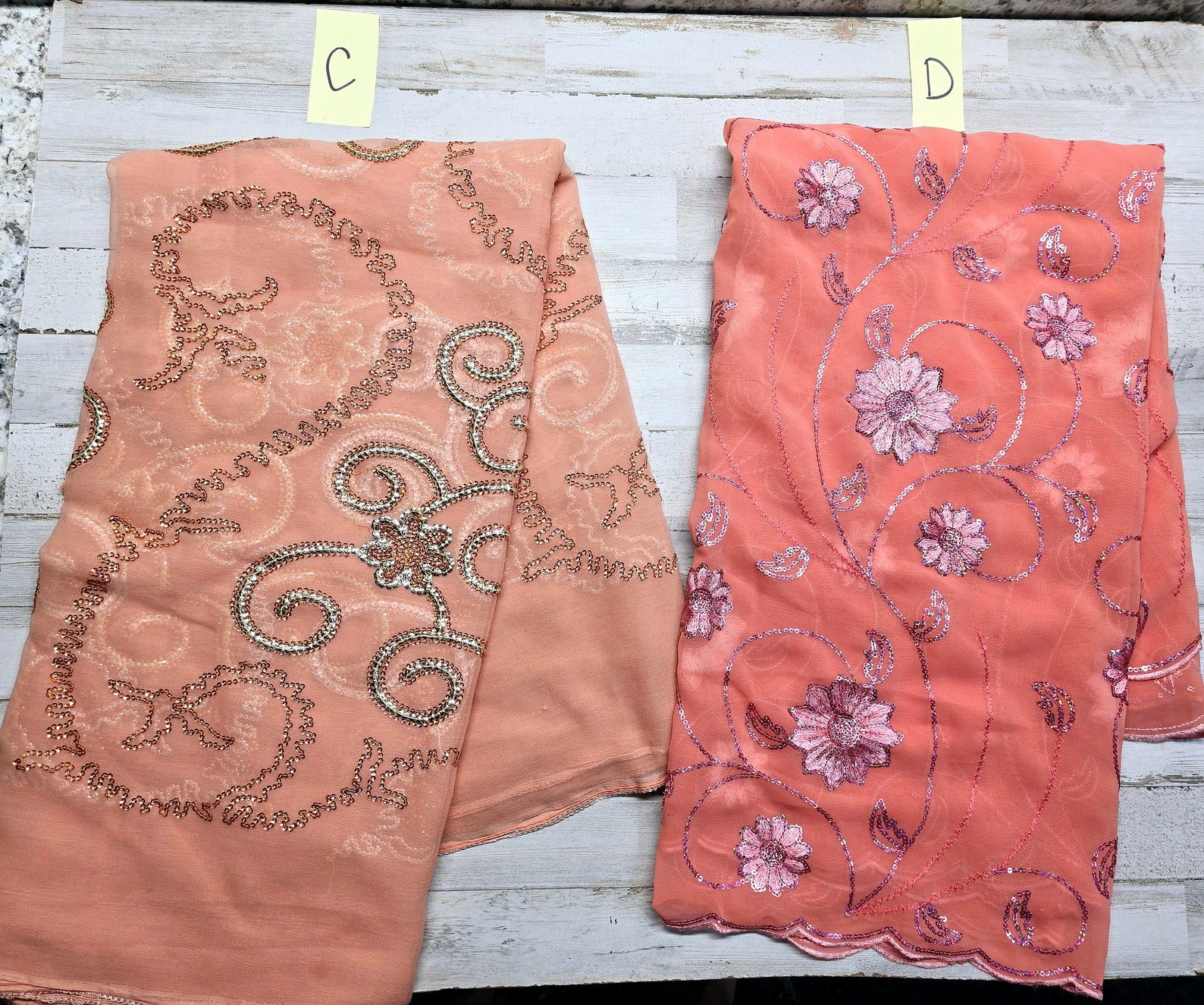Vintage un-cut PEACHY / PINK Sari-choose Your Saree Scarf/dupatta Scarf ...